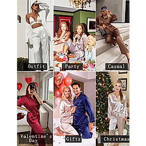 Ekouaer Silk Satin Pajamas Set Women's 2 Piece Pjs Long Pant Fall Soft Sleepwear Button Up Loungewear with Pockets Brown