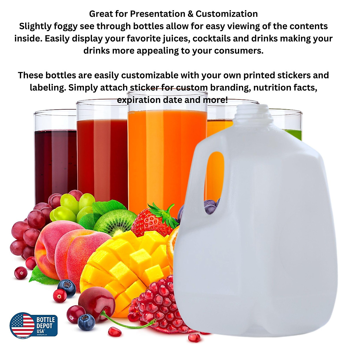 (8 PACK) 128 Oz Empty Plastic Gallon Juice Bottles with Tamper Evident ORANGE Caps - Smoothie Bottles - Ideal for Juices, Milk, Smoothies, Picnic's and Even Meal Prep - Made in USA