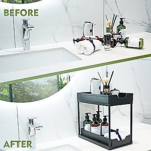 Under Sink Bathroom Cabinet Organizer, Double Sliding out Drawer Kitchen Organization, Multi-use For Vanity Counter Kitchen Storage with Hook, Black