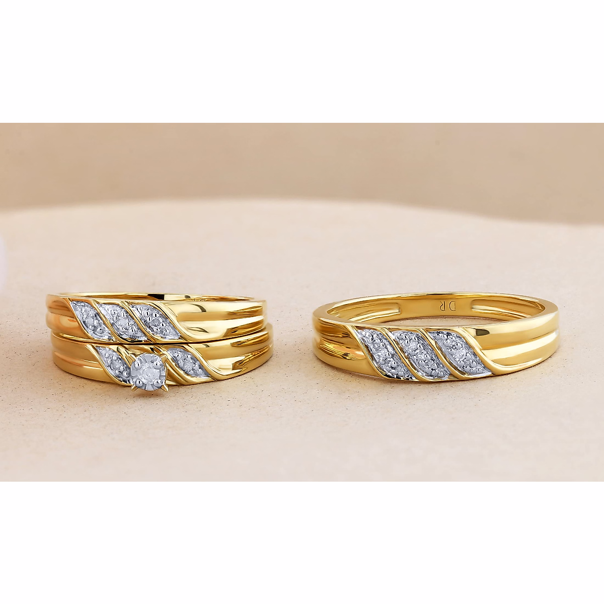 Dazzlingrock Collection 0.10 Carat Round White Diamond Illusion Wedding Trio Ring Set in Yellow Gold Plated Sterling Silver, Women size 5.5 and Men size 7.5