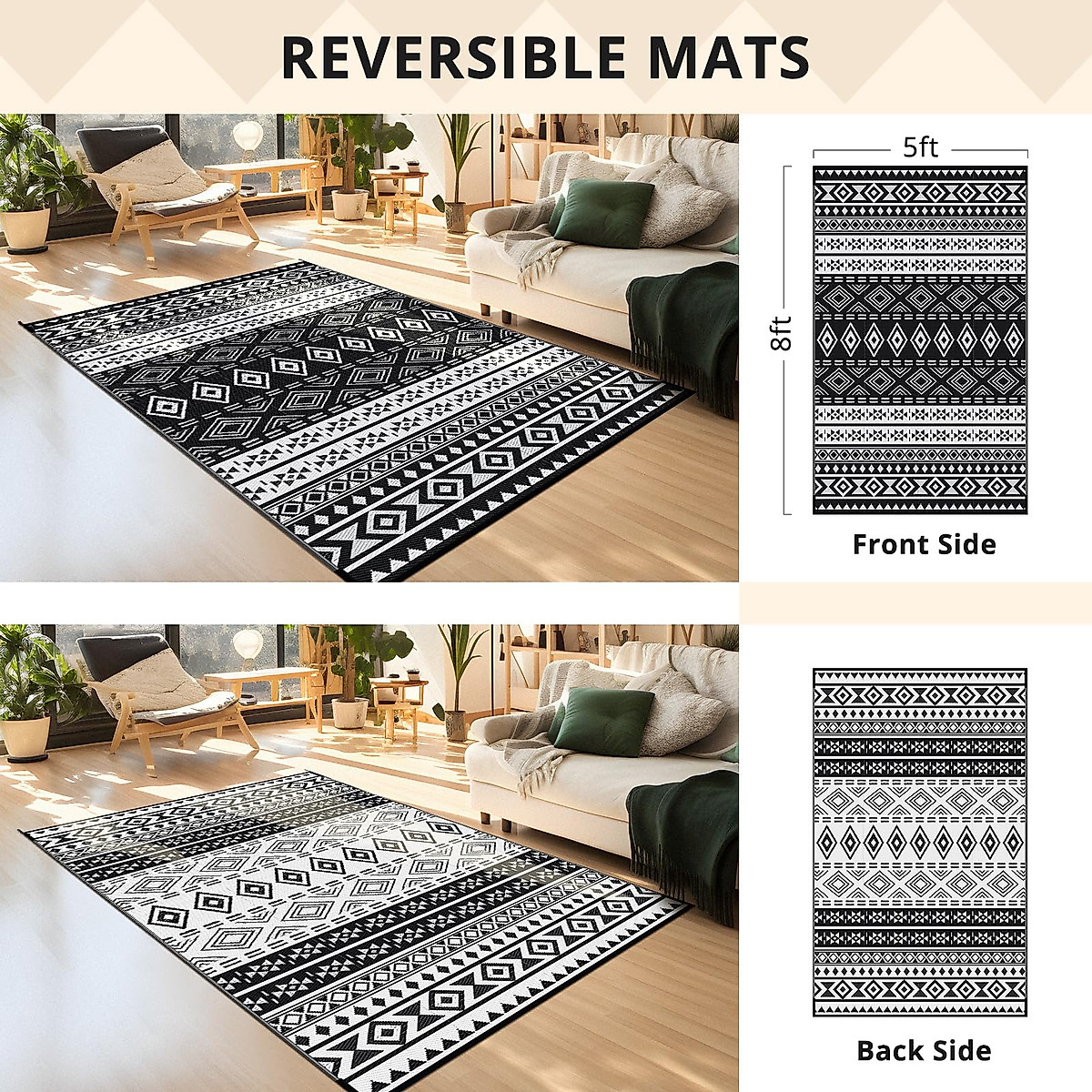 GOTGELIF Outdoor Rug 5X8FT Boho Style, Reversible & Water-Resistance & Portable Plastic Straw Rug for RV Trips, Picnic, Camping, Outdoor, Garden, Patio - White and Black Patio Rug