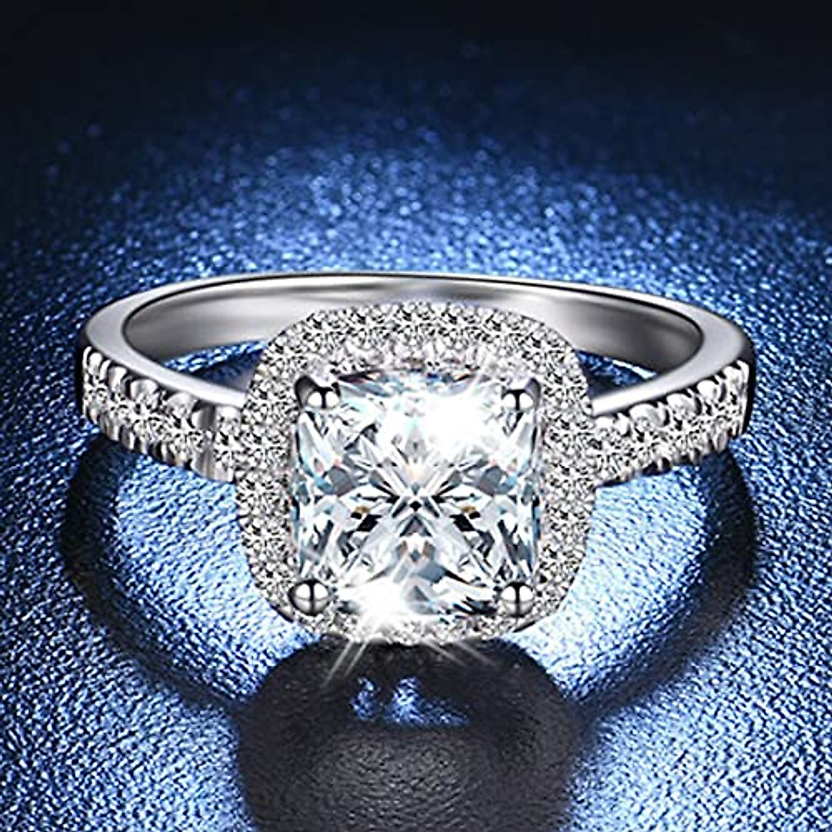 18K White Gold Plated 2CT Zircon Diamond Ring for Women Sterling Silver Jewelry Halo Cushion Ring