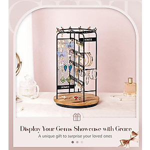 Homde 360 Rotating Jewelry Stand Hold up to 48 Pairs of Earrings and 34 Necklaces Jewelry Tower Tree Earring Necklace Bracelet Display Organizer with Solid Wood Base (Brown + Black)