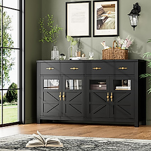 FINETONES Buffet Cabinet with Storage, 55.1" Large Sideboard Buffet Cabinet, Farmhouse Sideboard Kitchen Cabinet with 2 Drawers and 4 Doors, Wood Coffee Bar Cabinet Buffet Table for Kitchen, Black