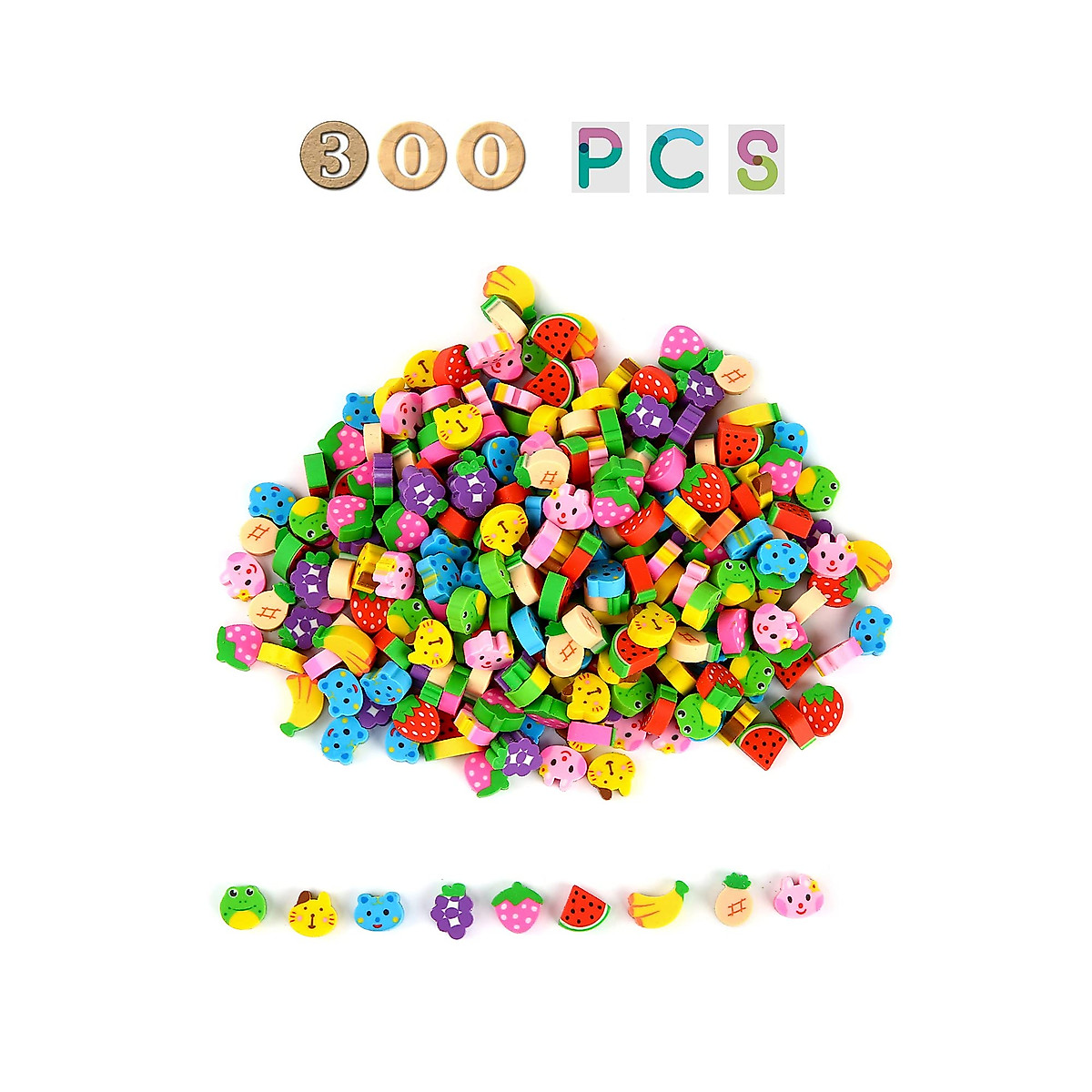 300PCS Assorted Mini Novelty Pencil Erasers for Kids,Fun Cute Bulk Fruit Animals Collection Erasers for Classroom Student Prize Homework Awards Party Gifts School Supplies