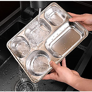 Cezoyx 4 Pack Stainless Steel Divided Trays, 5 Section Divided Dinner Plates Rectangular 304 Steel Section Control Plates for Adults, Kids, Campers, Diet Food Portion Control