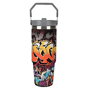 WITHSBKK 30oz Car Cup Graffiti Hip Hop Printed with Portable, Stainless Steel Travel Mug, Vacuum Insulated Tumbler And Straw, Leakproof for Car & Outdoor, UV Printed Design