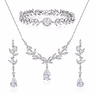 SWEETV Bridal Jewelry Set for Wedding, Cubic Zirconia Necklace Dangle Earrings Bracelet Set, Teardrop Marquise Brides Bridesmaids Wedding Prom Jewelry Sets for Women