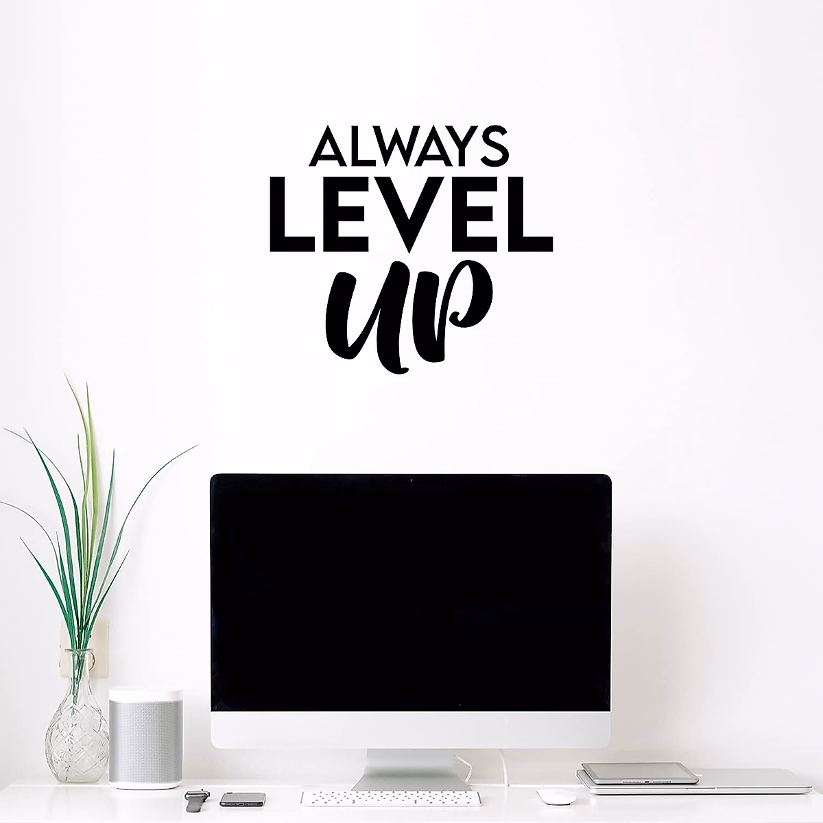 Vinyl Wall Art Decal - Always Level Up - 16.5" x 19" - Modern Cute Inspirational Optimistic Good Vibes Quote Sticker for Home Bedroom Kids Room Living Room Playroom School Office Decor (Black)