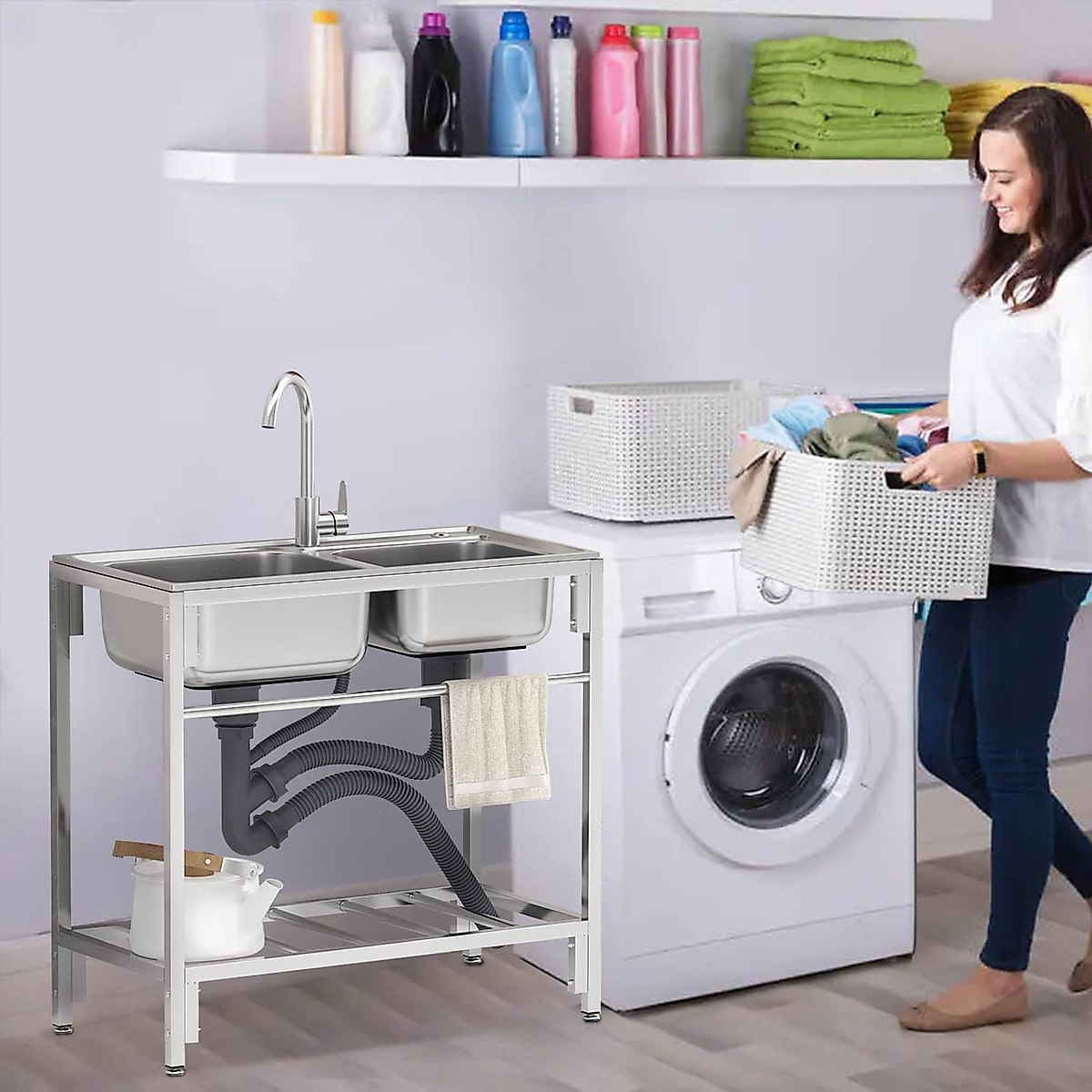 Outdoor Utility Sink Stainless Steel Double Bowl Sink Free Standing Commercial Restaurant Kitchen Sink with Hot and Cold Faucet for Laundry,Garage,Cafe Bar 32.7" x 17.3" x30.3"