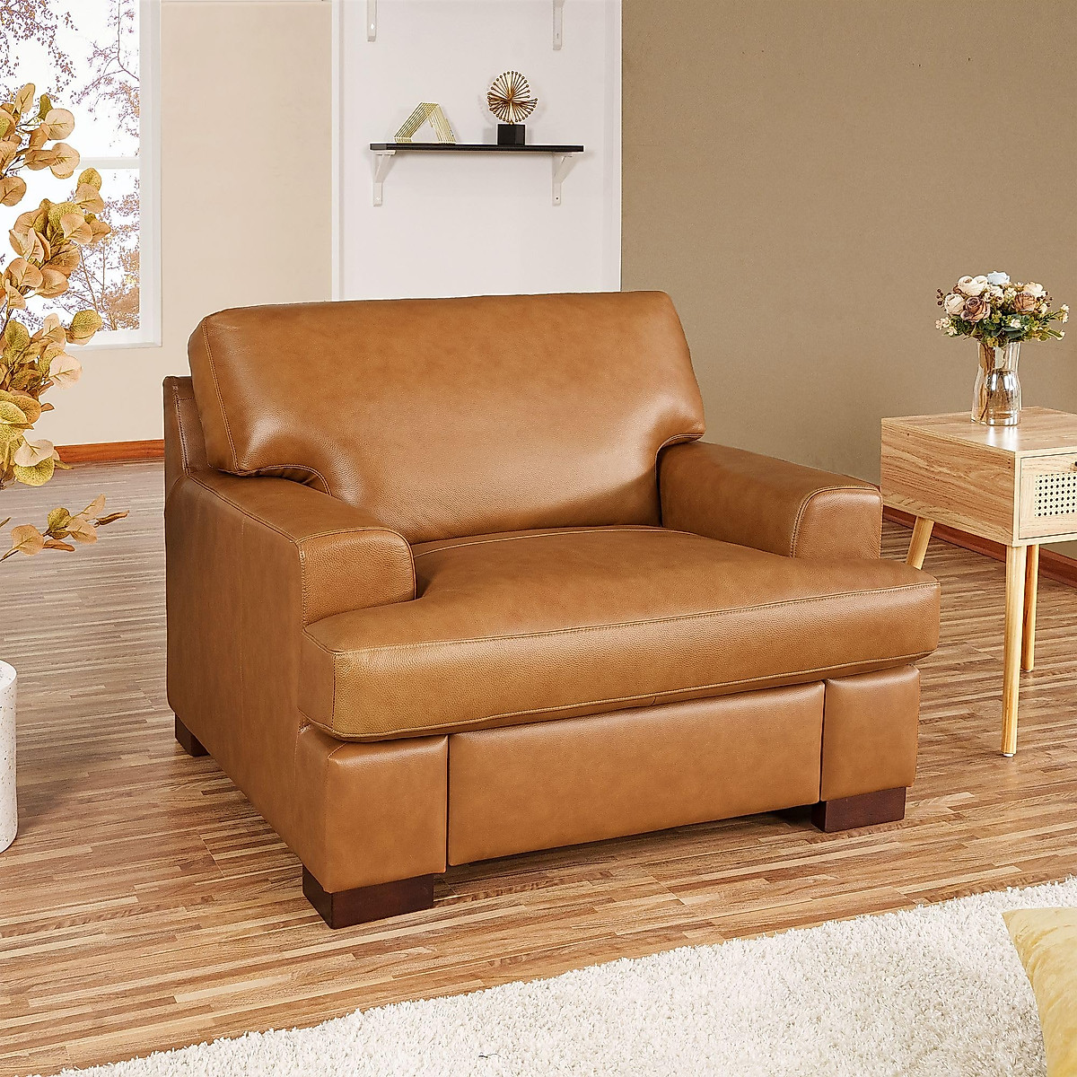 Naomi Home Siggy Genuine Leather Sofa for Living Room, Bedroom - Chair, Sofa - Luxurious Comfort, Goose Feather Cushion Filling, Square Arm Design, Sturdy Block Legs, Elegant, Tan