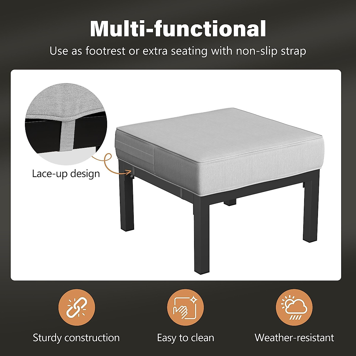 Solaste Outdoor Footstools Patio Ottoman Set of 2, Aluminum All-Weather Outdoor Footrest Seat with Removable Cushions, Patio Furniture Ottomans for Garden, Backyard, Poolside-Grey