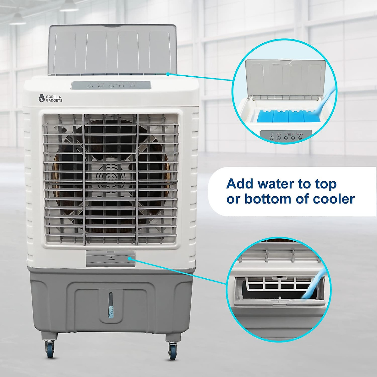 Gorilla Gadgets Outdoor Evaporative Portable Air Cooler with Touch Controls, Large Quiet Electric 5300 CFM. 13.2 Gallon Water Tank and Wheels. Cools 1850.00 Square Feet for Commercial Office Home