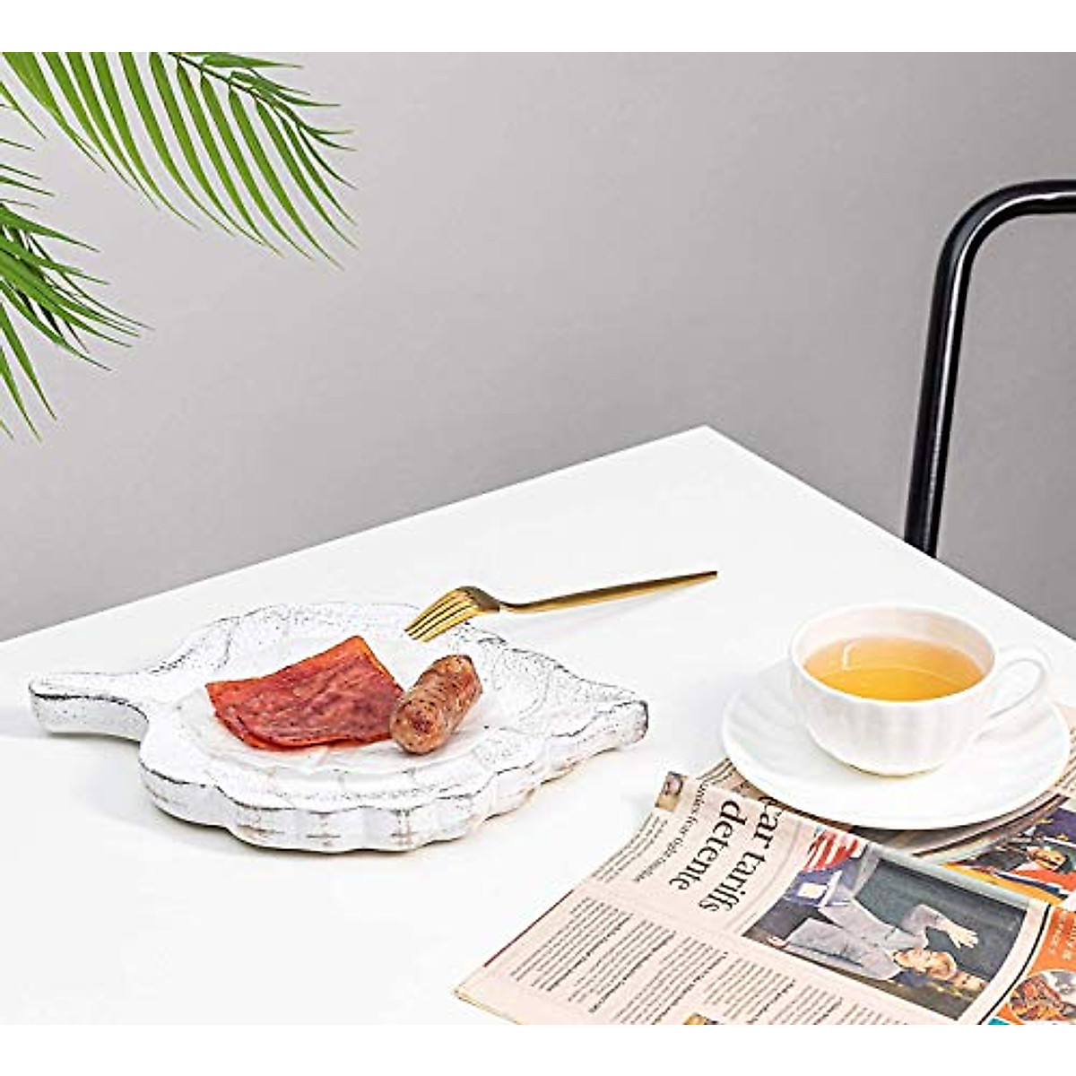 HAWOO White Decorative Tray Leaf Design Wooden Serving Tray Platter Crafts, Food Tray for Dining Kitchen, Living Room, Size 11.25'' X 7''