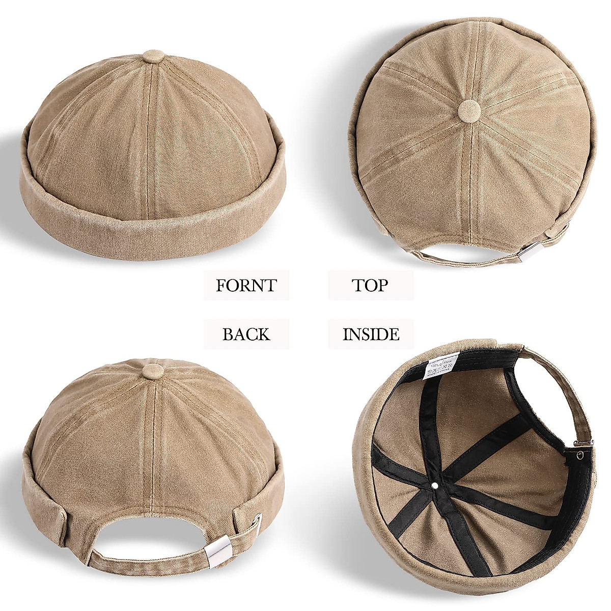 2 Pieces No Brim Hats for Men Women Casual Brimless Caps Cotton Cowboys Beanie Adjustable Docker Hat Retro Visor-Less Flip Cap Cool Sailor Skullcap Rolled Cuff Harbour Beanies (Black, Khakii)