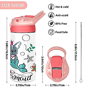 MCHIVER French Bulldog Mermaid Kids Water Bottle with Straw Insulated Stainless Steel Kids Water Bottle Thermos for School Boys Girls Leak Proof Cups 12 oz / 350 ml Pink Top