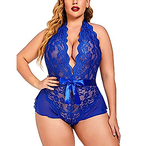 Avidlove Plus Size Lingerie for Women Halter Deep V Teddy Lace Bodysuit Babydoll Royal Blue 22 Plus