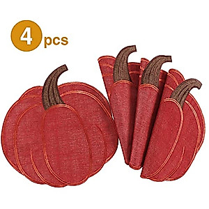 OWENIE Fall Placemats Set of 4, Embroidered Harvest Pumpkins Placemats, Thanksgiving Placemats for Autumn Decorations, Boho Farmhouse Table Mats, Halloween Doilies, Red, 15 Inch Diecut