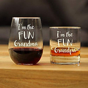 Fun Grandma – Cute Funny Stemless Wine Glass, Large 17 Ounce Size, Etched Sayings, Gift Box