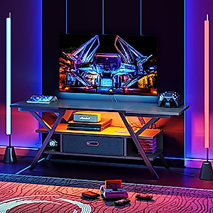 Bestier LED Entertainment Center with Power Outlets Gaming TV Stand for TV up to 65 Inch 55” TV Game Console for Living Room Bedroom Removable Drawer 20 Dynamic RGB Modes, Carbon Fiber Black