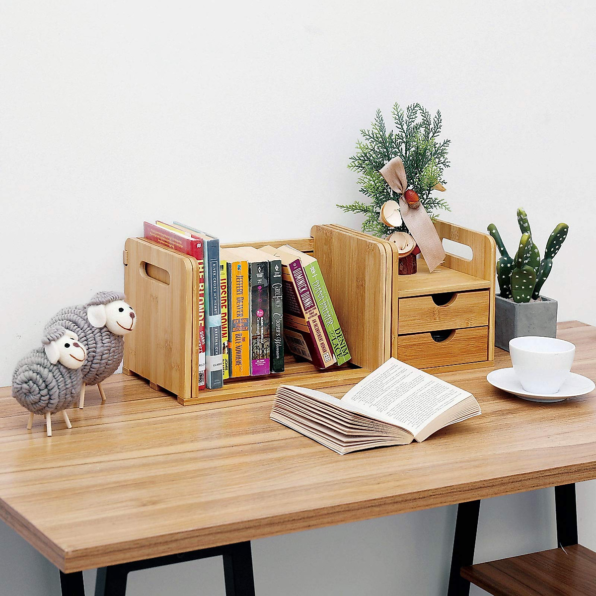 WELLAND Expandable Desktop Bookshelf Bamboo Desk Organizer with 2 Storage Drawers for Office and Home