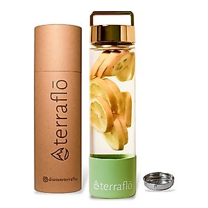 Terraflo Fruit Infuser Premium Glass Water Bottle 24 oz (700 mL) - Removable Anti-Slip Silicone Sleeve - Top Handle Lid - Stainless Steel Filter for Infusion - Infused Bottles for All (Gold & Green)