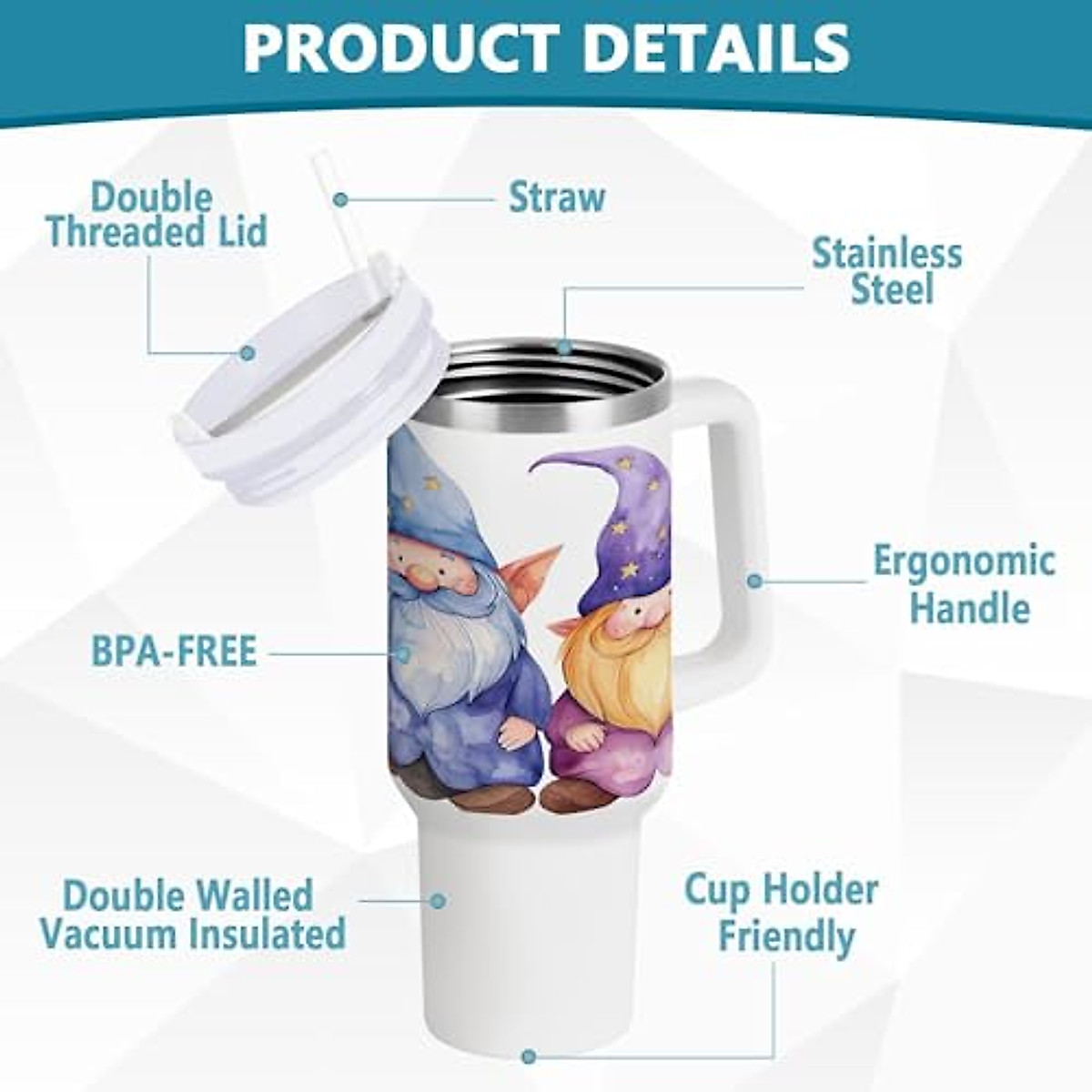 Jihqo Cute Dreamy Gnomes 40 oz Stainless Steel Vacuum Insulated Tumbler with Handle and Straw Lid Reusable Leakproof Water Bottle Double Wall Travel Mug Coffee Cup, Cupholder Friendly