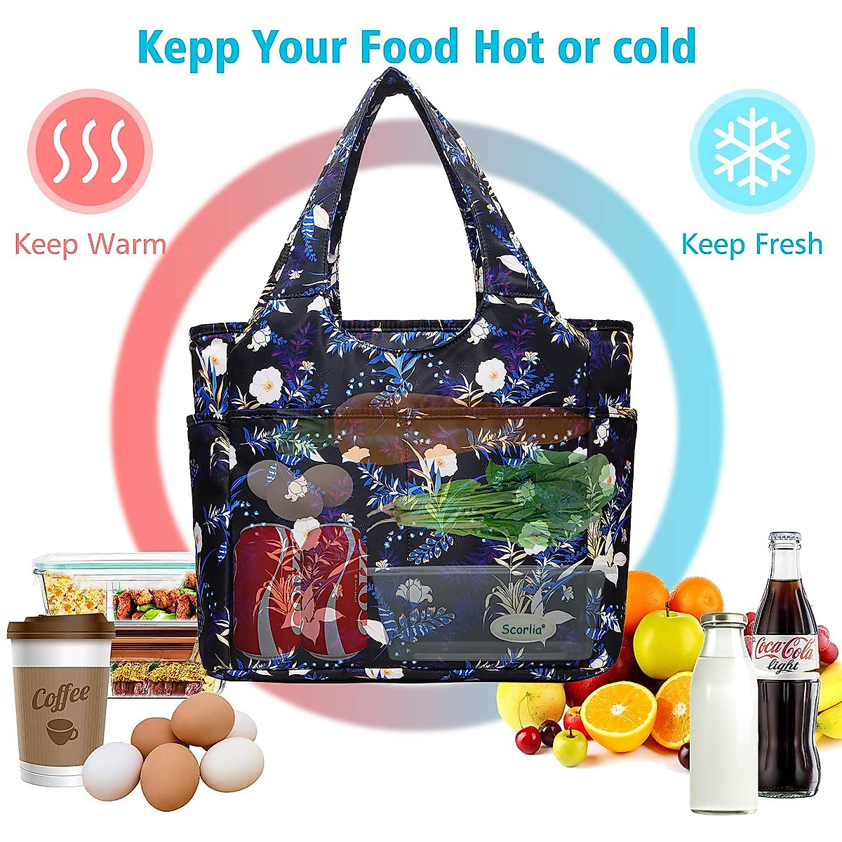 Scorlia Insulated Lunch Shoulder bag, Extra Large Lunch Tote Handbag, Durable Reusable Cooler Ladies lunch Box Bag with Side pockets, Tall Drinks Holder for Women Men Work, Blue flower