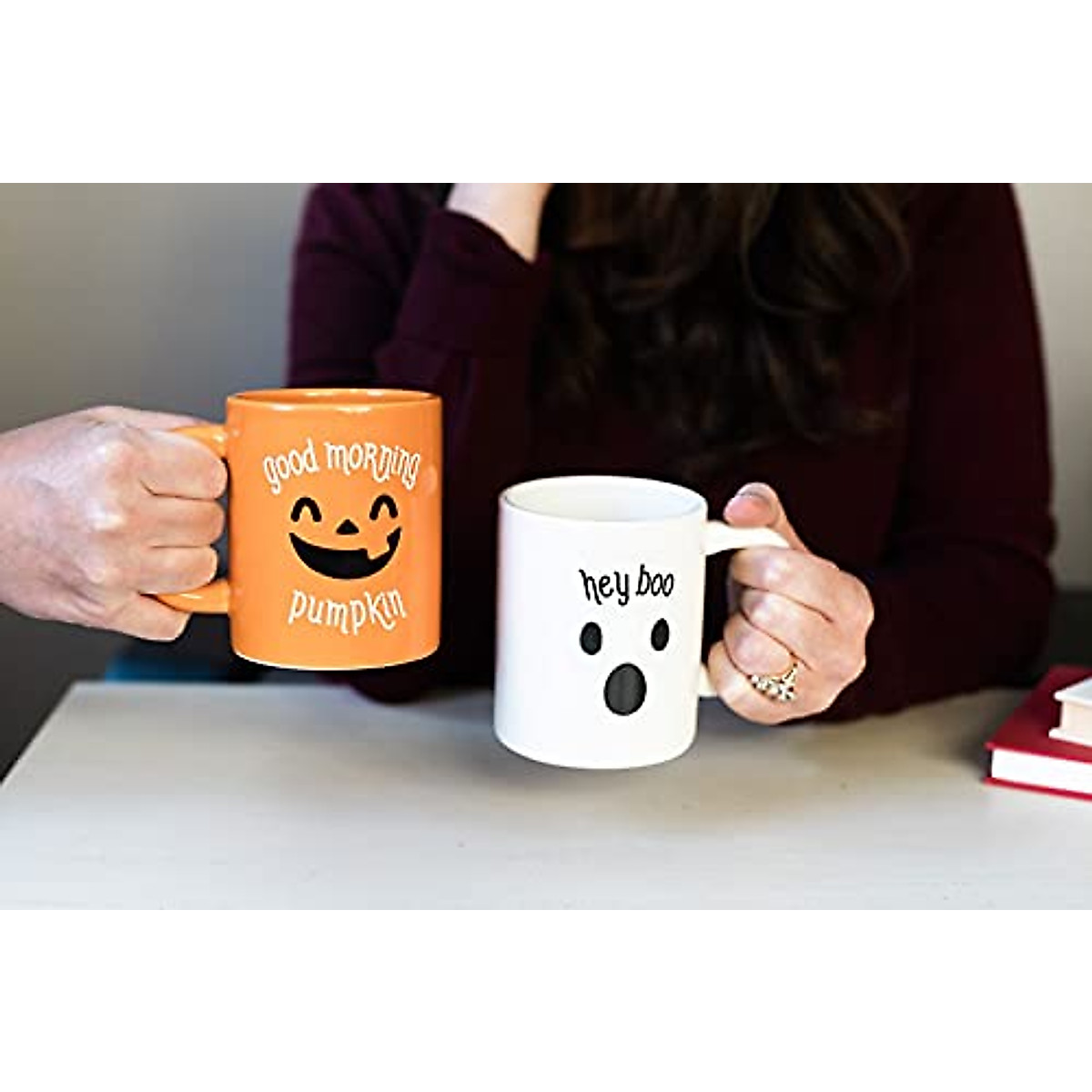 Pearhead Halloween Mug Set, Good Morning Pumpkin and Hey Boo Coffee Mugs, Novelty Fall Holiday Cups, Set of 2, 13 oz