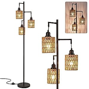 Feohak Boho Floor Lamp, Rattan Floor Lamps for Living Room 3-Light Bamboo Wicker Farmhouse Rustic Coastal Bohemian Straw Tall Tree Standing Lamp for Bedroom Office