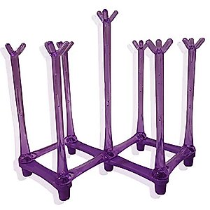 Pruple Retractable Cup Drying Rack Drinking Glass and Sports Bottle Drainer Stand Plastic Bag Dryer for Kitchen Dish Drainer with 7 Plastic Mug Tree Hooks