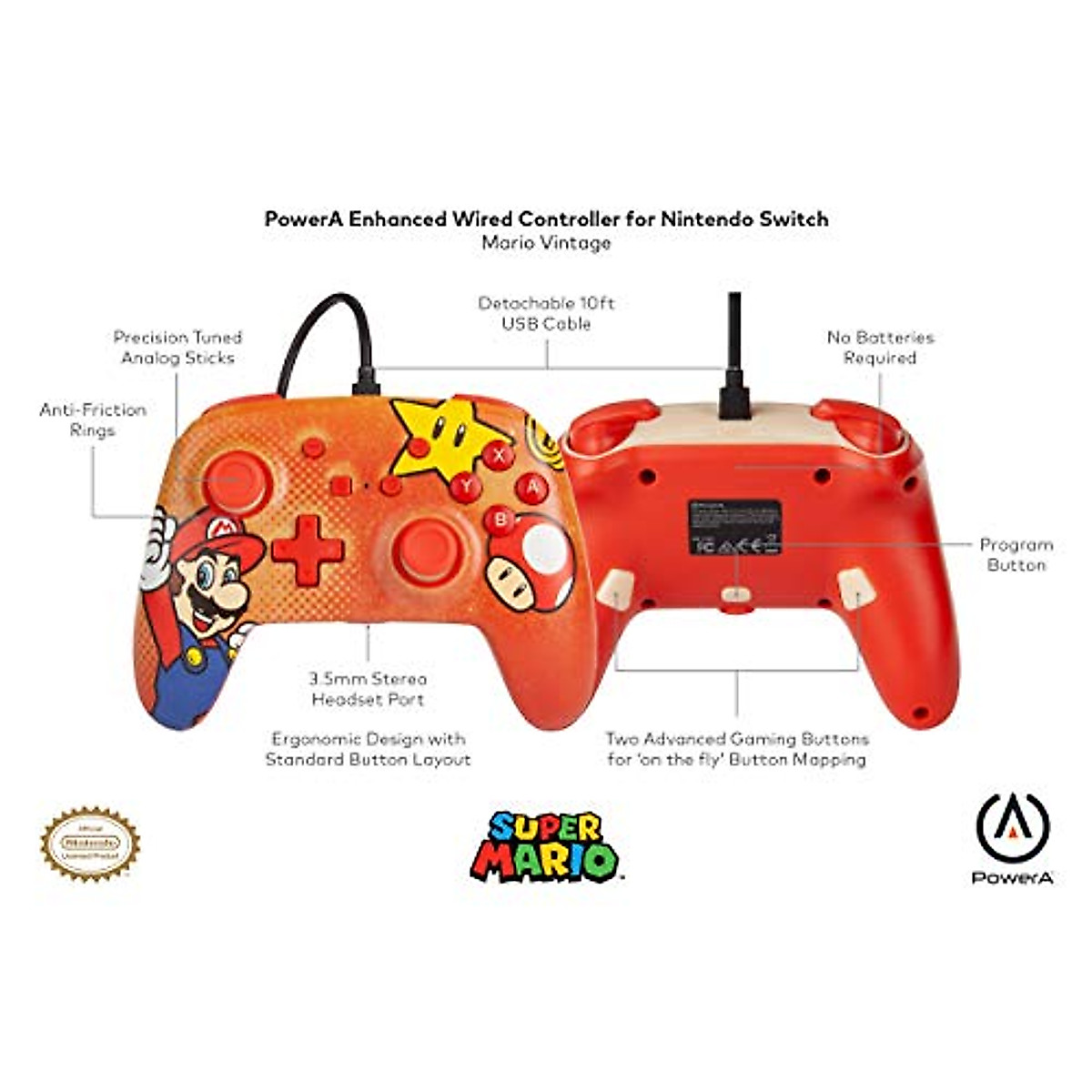 PowerA Enhanced Wired Controller for Nintendo Switch - Mario Vintage, Gamepad, Wired Video Game Controller, Gaming Controller - Nintendo Switch