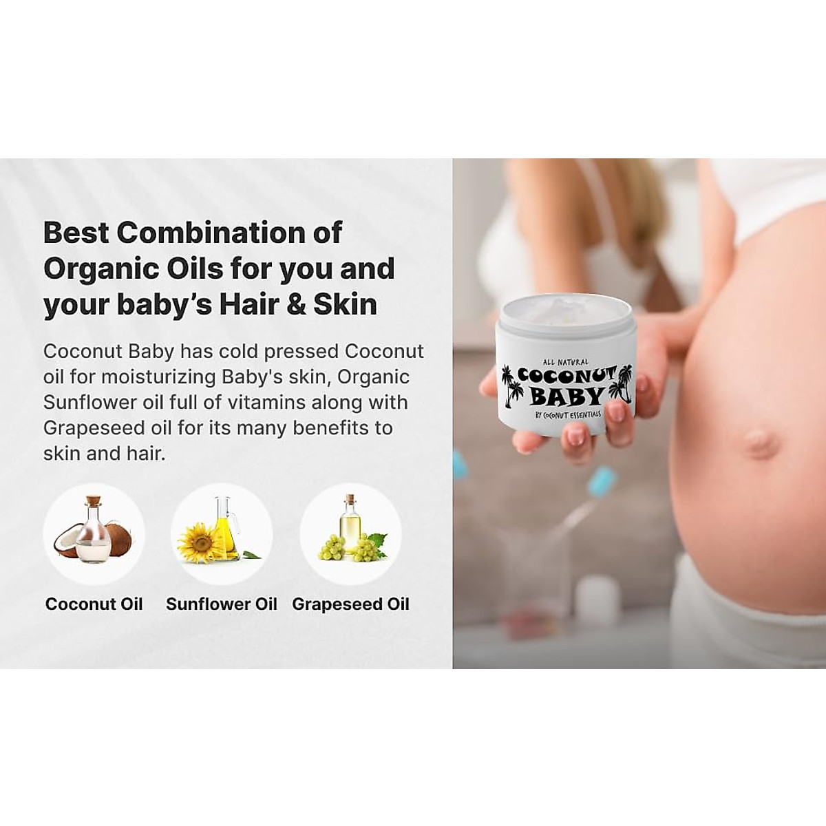 Coconut Baby Oil - Natural & Organic Moisturizer, Hair Oil for Cradle Cap Treatment, Newborn Sensitive Skin, Eczema & Psoriasis Relief, Unscented, Sunflower & GrapeSeed Oil 4 floz | Coconut Essentials