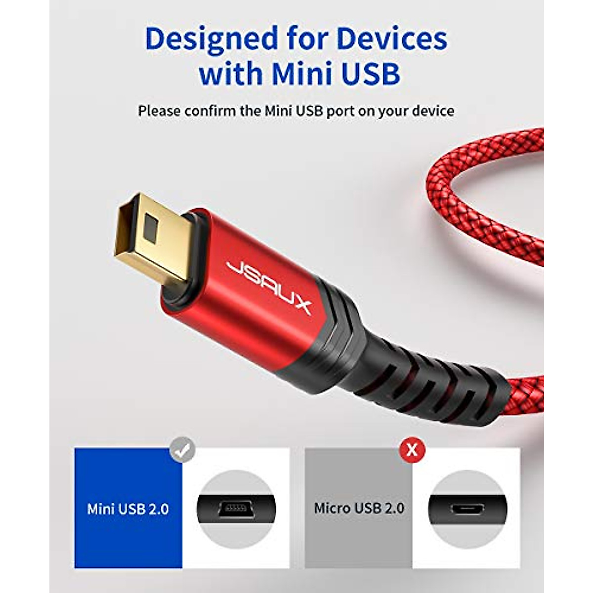 JSAUX Mini USB to Type C Cable, USB C to Mini USB 6.6FT Cable Charging Cord for GoPro Hero 3+, PS3 Controller, MP3 Player, Dash Cam, Digital Camera, GPS Receiver, PDAs and More Mini B Devices 2M/Red