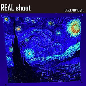 Starry Night Blacklight Tapestry by Van Gogh Wall Art for Bedroom Aesthetic, Abstract Wall Hanging UV Reactive Fabric Poster for Living Room Dorm, 39 x 29 Inches
