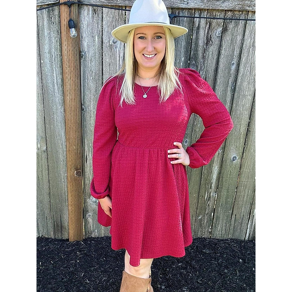 SAMPEEL Winter Womens Burgundy Dress Elegant Puff Sleeve Casual Christmas Dresses Knee Length M