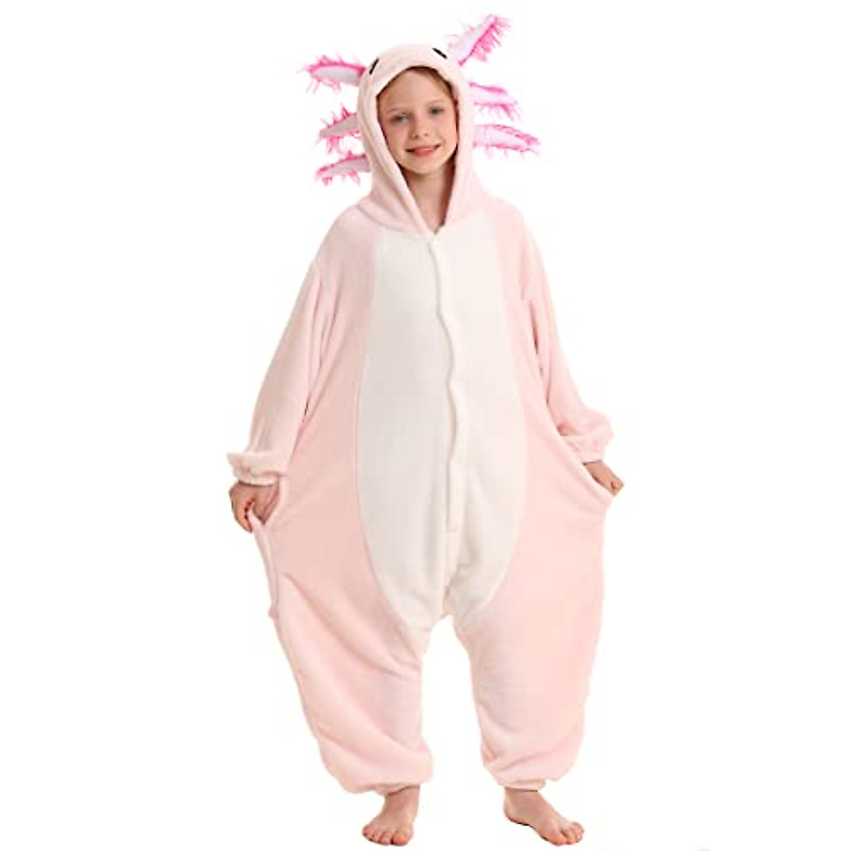 DELEY Unisex Adult Axolotl Onesie Pajamas, Flannel Animal One Piece Costume Sleepwear Halloween Cosplay Homewear