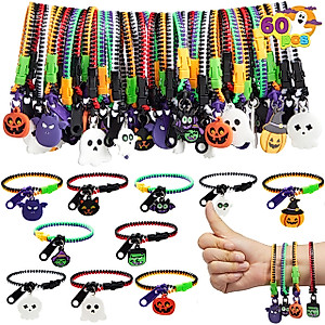 JOYIN 60 PCS Halloween Zipper Bracelets Bulk Set, Friendship Zipper Wristbands for Kids Gift, Halloween Trinkets, Halloween Goodie Bag Fillers, Classroom Prizes