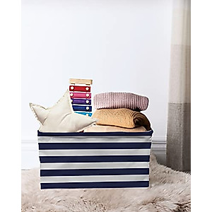 Large Storage Baskets Bins 2 Pack Navy Blue White Striped Farmhouse Collapsible Storage Box Laundry Organizer for Closet Shelf Nursery Kids Bedroom Rustic Geometric
