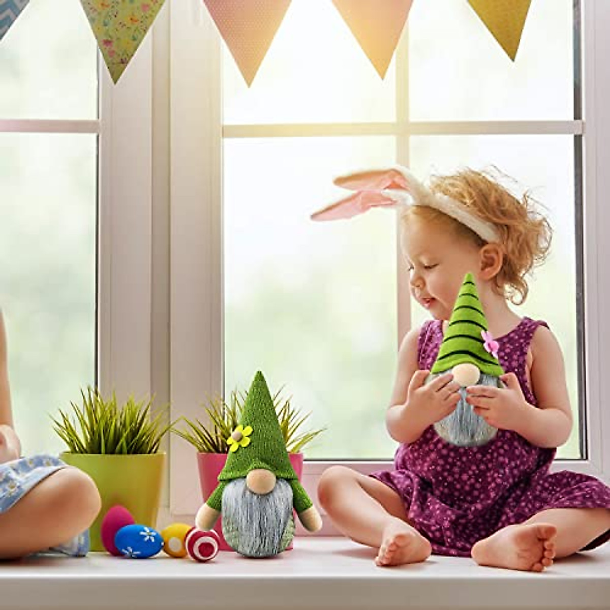 Gehydy Set of 2 Summer Gnomes Plush Flower Decoration Spring Gnome Gift Handmade Green Scandinavian Tomte Stuffed Farmhouse Decor for Home Kitchen Tiered Tray