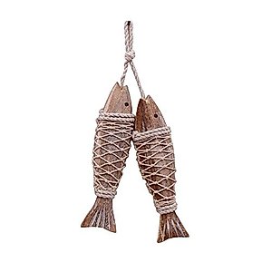 Set of 2 Hanging Vintage Wooden Fish Wall Sculpture Decor 8''H Hand Carved Nautical Decorated Mediterranean Style Distressed Look Wood Fishing Home Decoration Nautical Beach Themed Wall Ornament