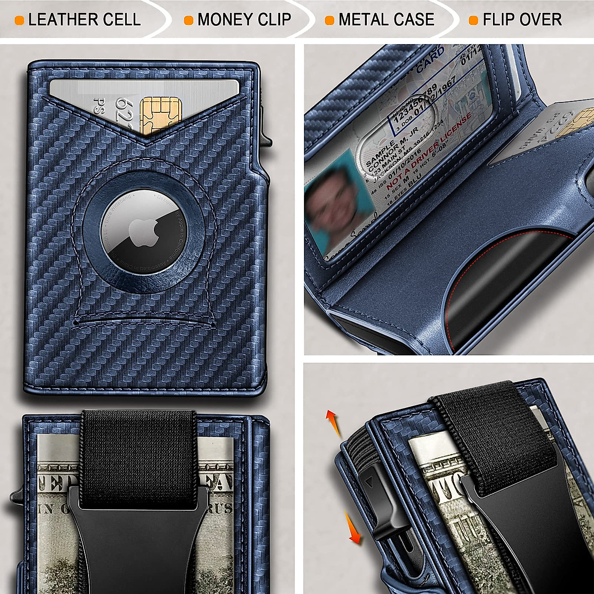 KEMISANT Airtag Wallet Men,Mens Slim Front Pocket Wallet Money Clip Standard or Apple Airtag Use 3.8"×2.8"×0.9"