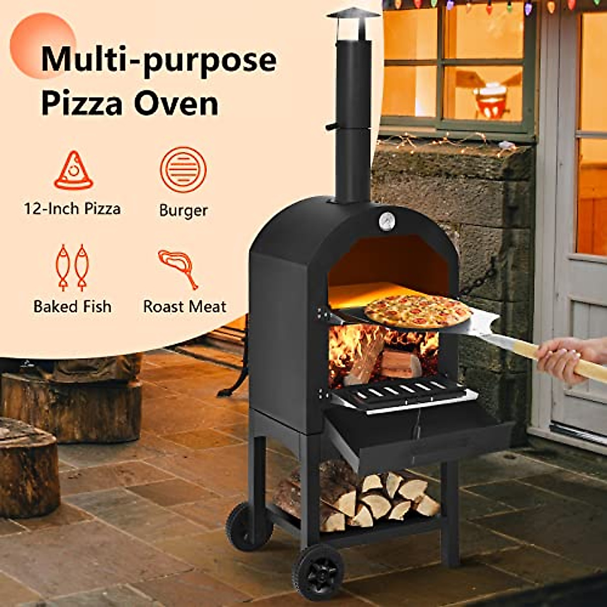 Giantex Pizza Oven Outdoor, Wood Fire Pizza Grill Maker with Waterproof Cover, Pizza Stone and Peel, 2 Layer Steel Pizza Oven Cooker with Wheels for Barbecue Camping Backyard Party