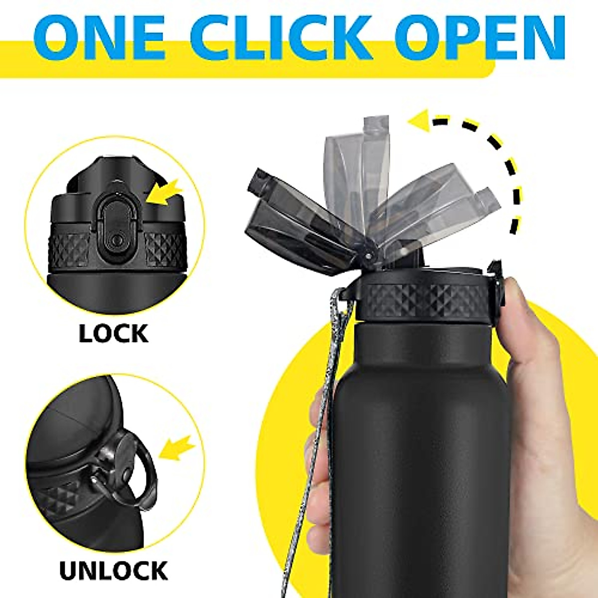 Han's Bottle Sports Water Bottle - 24 Oz, Straw Lid, Leak Proof, Vacuum Insulated Stainless Steel, Double Walled, Thermo Mug,Black