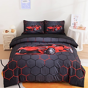 Podol 5 Pieces Race Car Comforter Set Twin Size Red Sports Car Bedding Sets for Boy 3D Geometric Bed in a Bag with 1 Comforter, 2 Pillowcases, 1 Flat Sheet and 1 Fitted Sheet