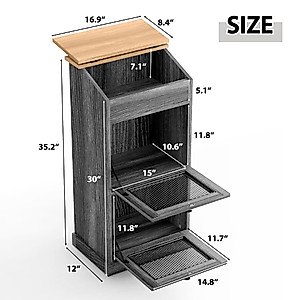 ONG Potato Storage Bins Sets of 2, Wooden Potato Bin Double Bread Storage, Decorative Potato and Onion Storage Bin Set 2, Wood Box with Grocery Section, Wooden Vegetable Storage with Lid,Grey