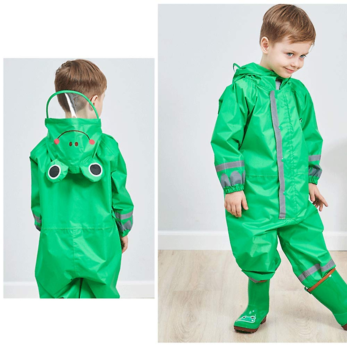 Toddler Rain Suit,Waterproof Girls Boys Raincoat,Kids Rain Poncho,Unisex Baby Rain Gear Jacket Coverall (M, Green Frog)