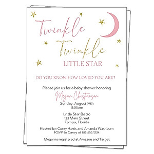 Twinkle Little Star Baby Shower Invitation Over the Moon Invites Pink Gold Girls Glitter Custom Customize Personalize Printed Cards (12 Count)