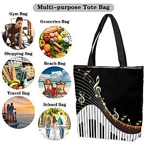 Music Theme Women's Canvas Tote Bag, Piano Keyboard Music Notes Shoulder Handbag Bags with Zip Large Beach Bag for School Shopping Business Work Travel