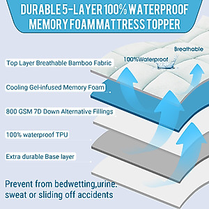 Memory Foam Mattress Topper Queen, Cooling Mattress Pad Queen, Pillow Top Waterproof Mattress Protector with 8-21 Inch Deep Pocket